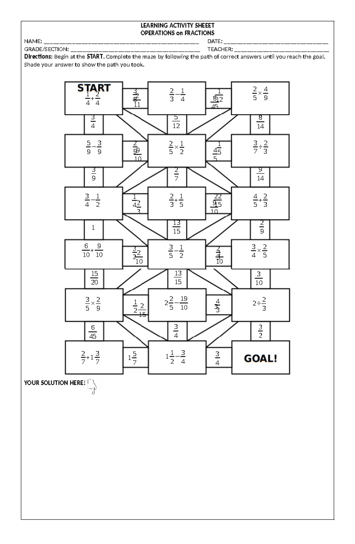 Rational Numbers - LEARNING ACTIVITY SHEEET OPERATIONS on FRACTIONS ...