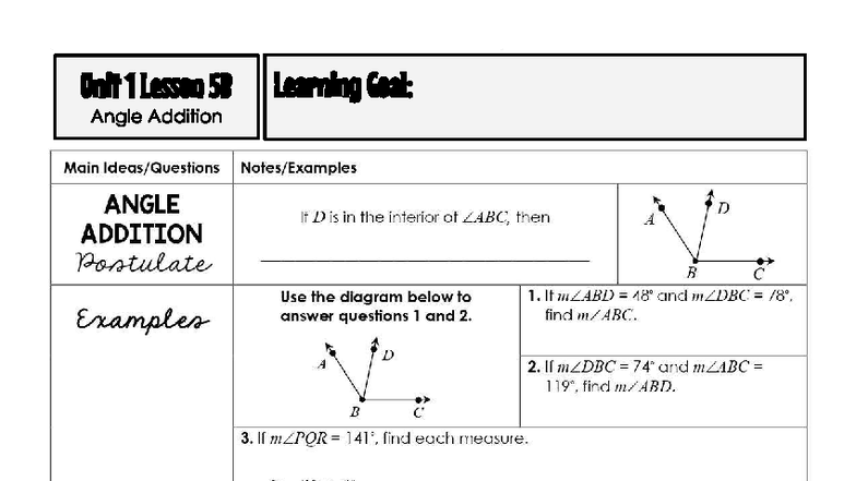Unit 1 Lesson 5B: Angle Addition Postulate Practice - Studocu
