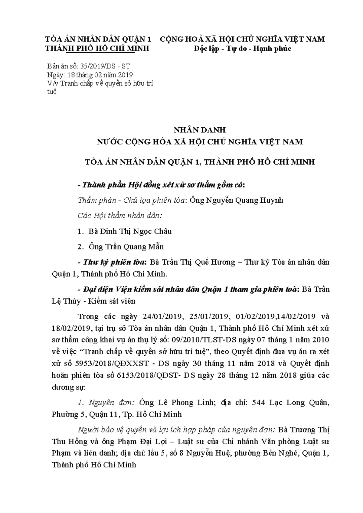 Án Lê Phong Linh: Tranh Chấp Quyền Sở Hữu Trí Tuệ và Tác Giả - Studocu