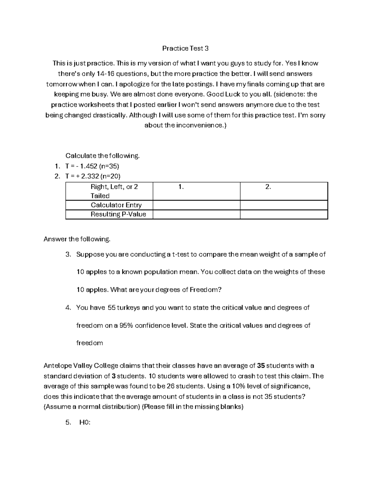 Practice Test 3: Statistics (Final Exam Review) - Studocu