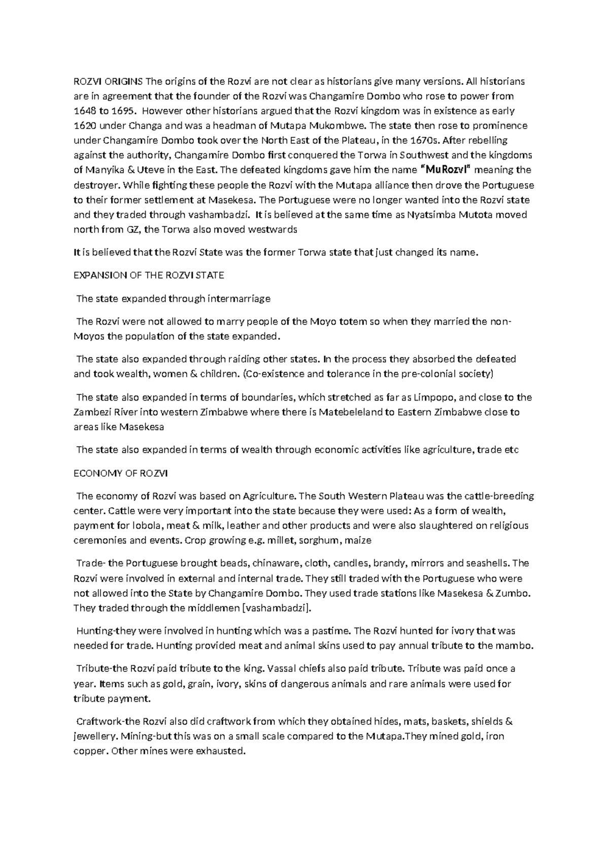 Rozvi State: Origins, Expansion, Economy, and Religion – HIST301 Notes ...