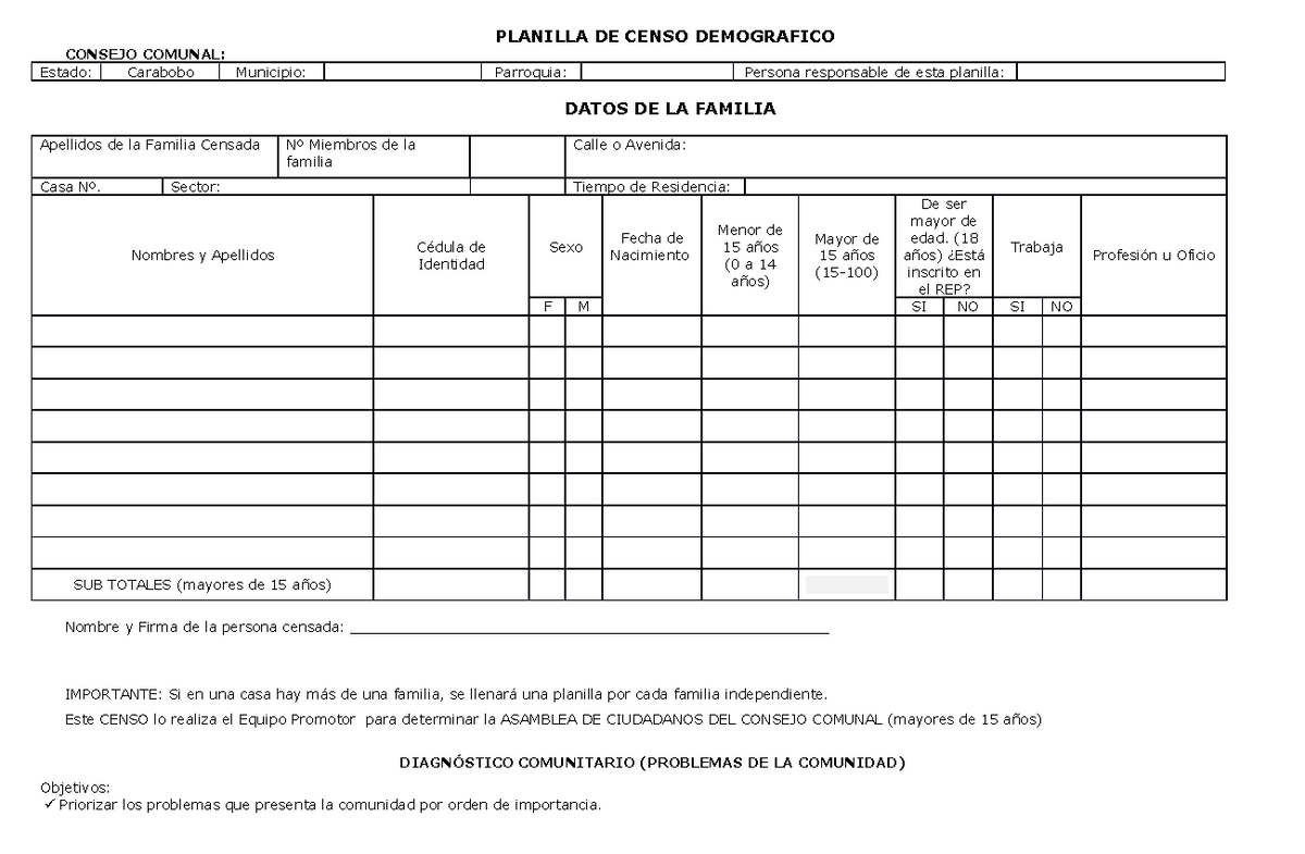 Planilla de Censo Demográfico y Socioeconómico - Consejo Comunal NUE ...