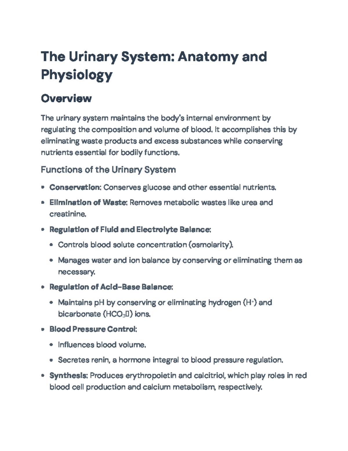 Anatomy and Physiology of the Urinary System: Overview and Functions ...