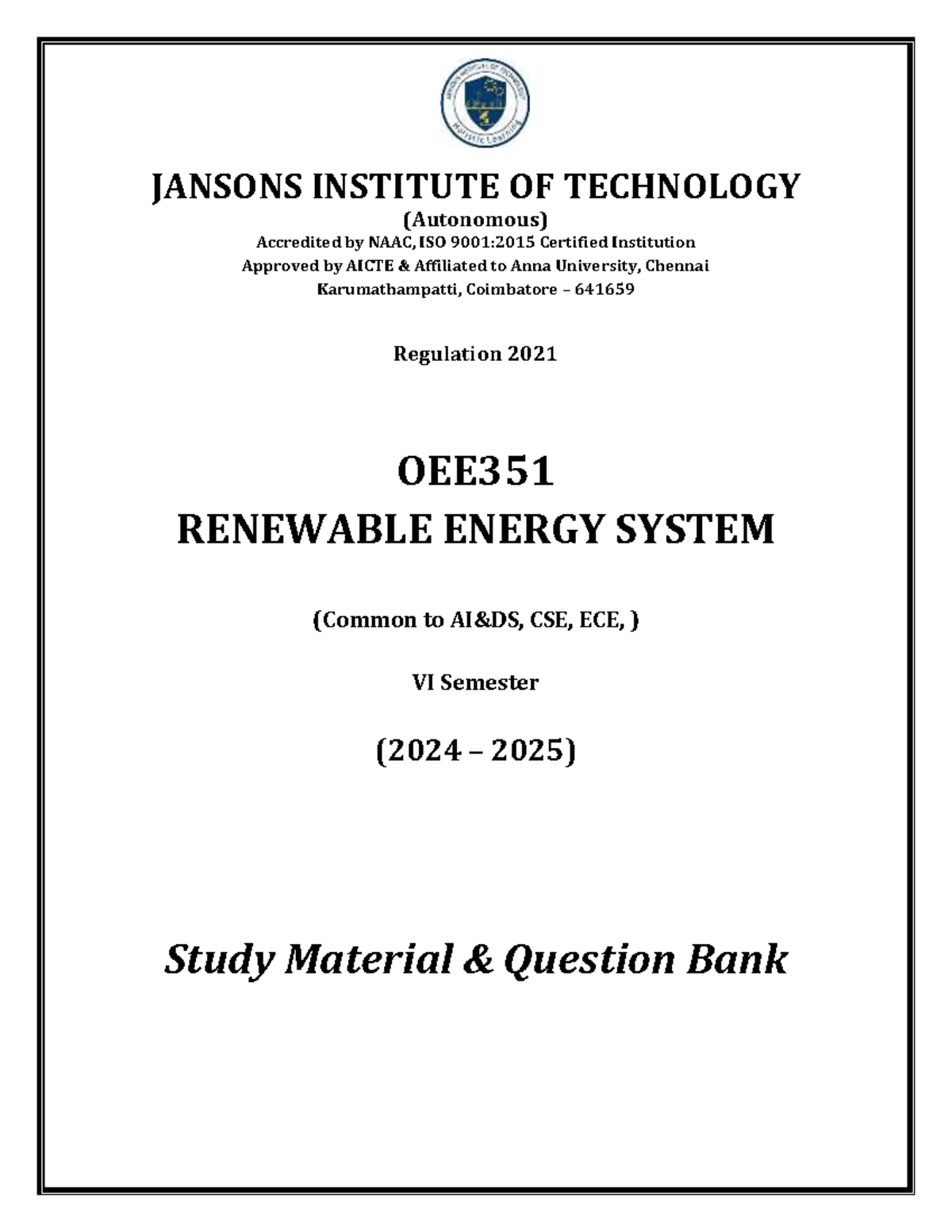 OEE351 Renewable Energy System Study Material & Question Bank - Studocu
