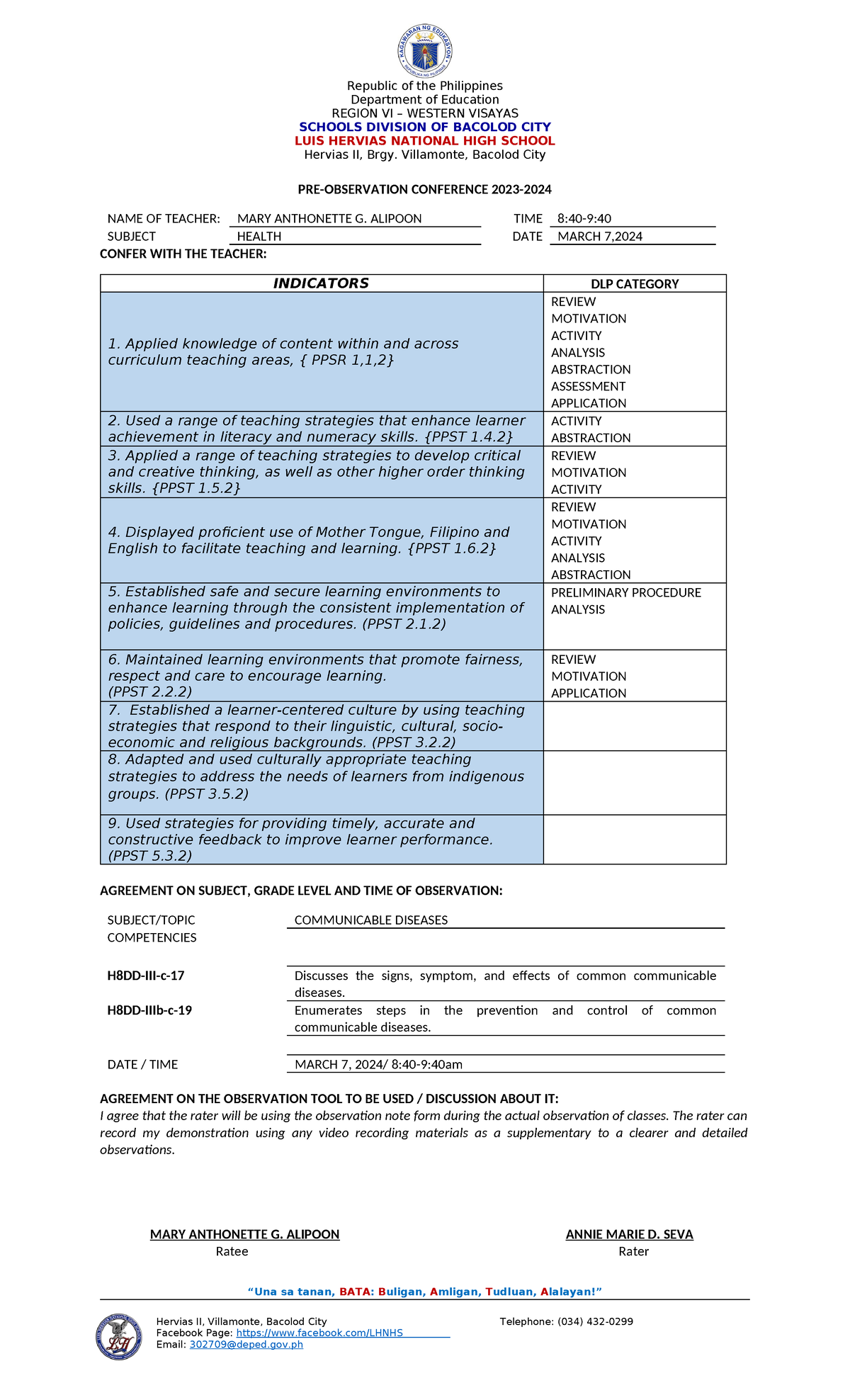 PRE=OBSERVATION FORM - Republic of the Philippines Department of ...