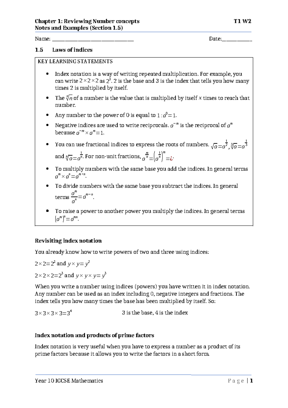 Chapter 1.5: Laws of Indices and Power Roots Notes T1 W2 - Studocu