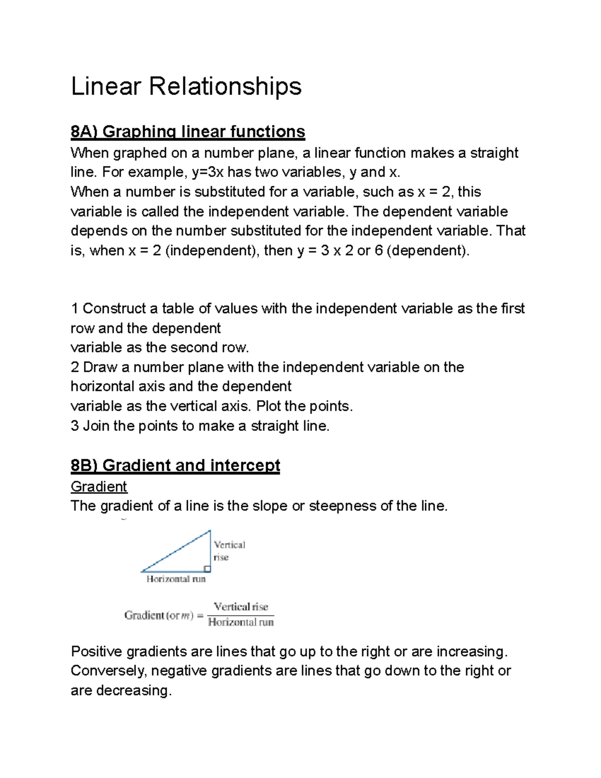 Math Revision 8 Notes On Linear Relationships And Functions Studocu