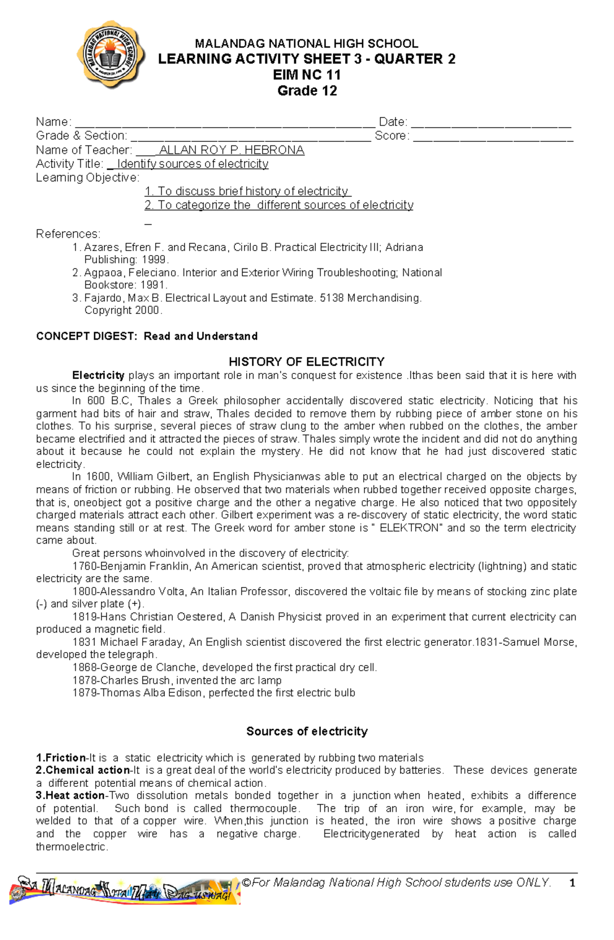 EIM NC II Q2 LAS 3 - tvl - MALANDAG NATIONAL HIGH SCHOOL LEARNING ACTIVITY SHEET 3 - QUARTER 2 ...