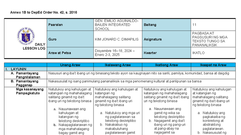 DLL-Pagbasa at Pagsusuri ng Teksto 3rd Week Lesson Plan - Studocu