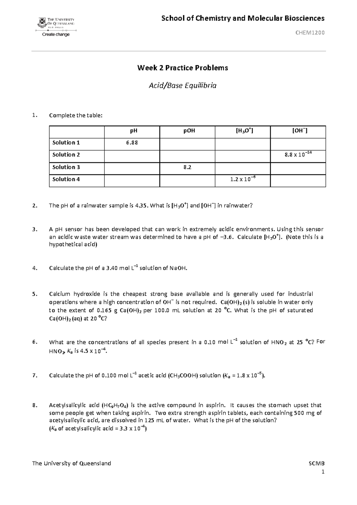 CHEM Equilibria Practice Problems Worksheet - Acids & Bases - Studocu