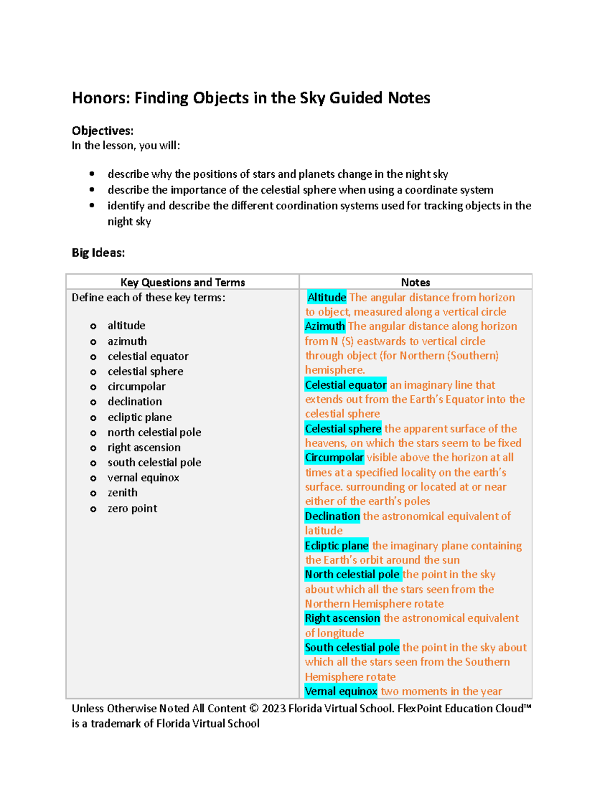 FLVS Honors Astronomy Guided Notes: Objects in the Night Sky - Studocu