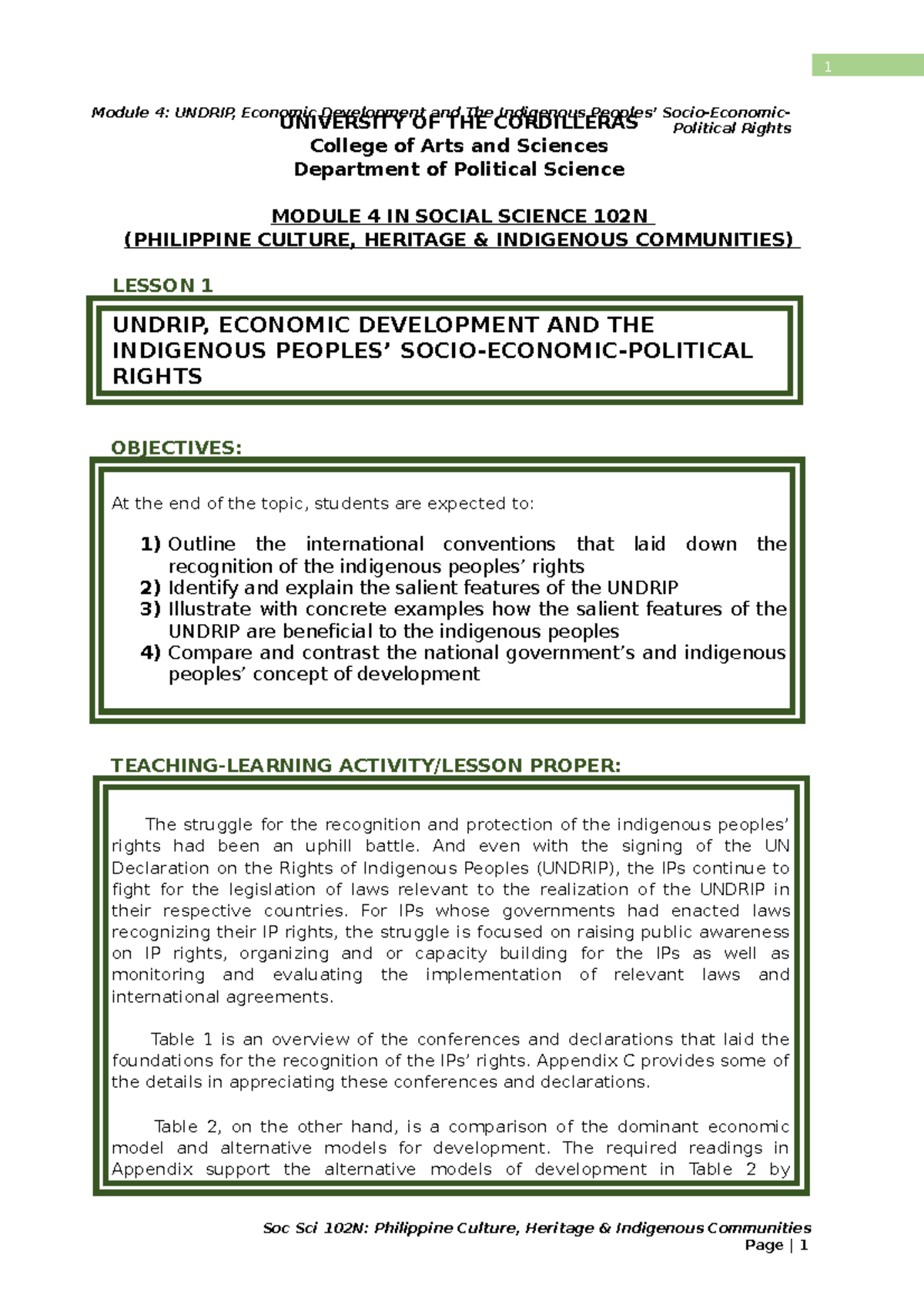 SOC SCI 102N Module 4 - UNDRIP, Economic Development & Indigenous ...
