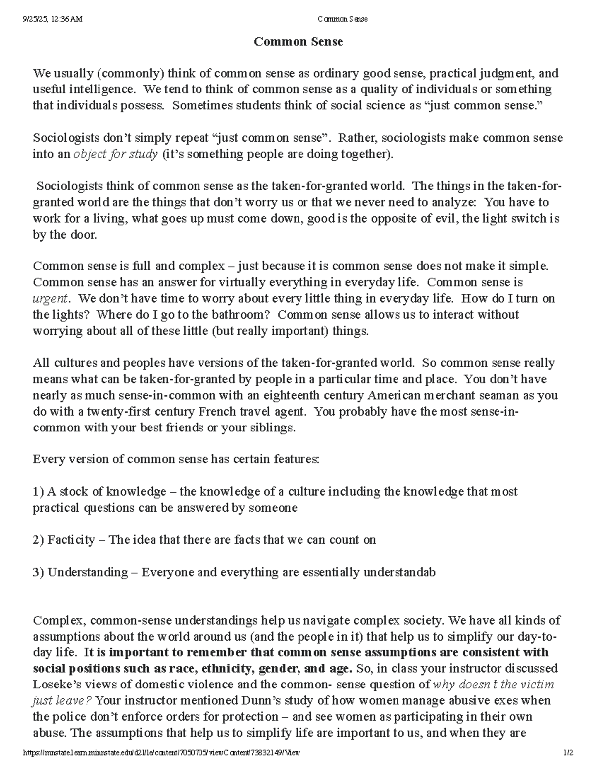 Common Sense in Social Psychology - Fa25 SOC 120-01 Lecture Notes - Studocu