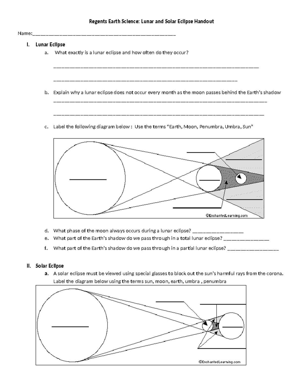 Solar and lunar eclipse worksheetj - Regents Earth Science: Lunar and ...