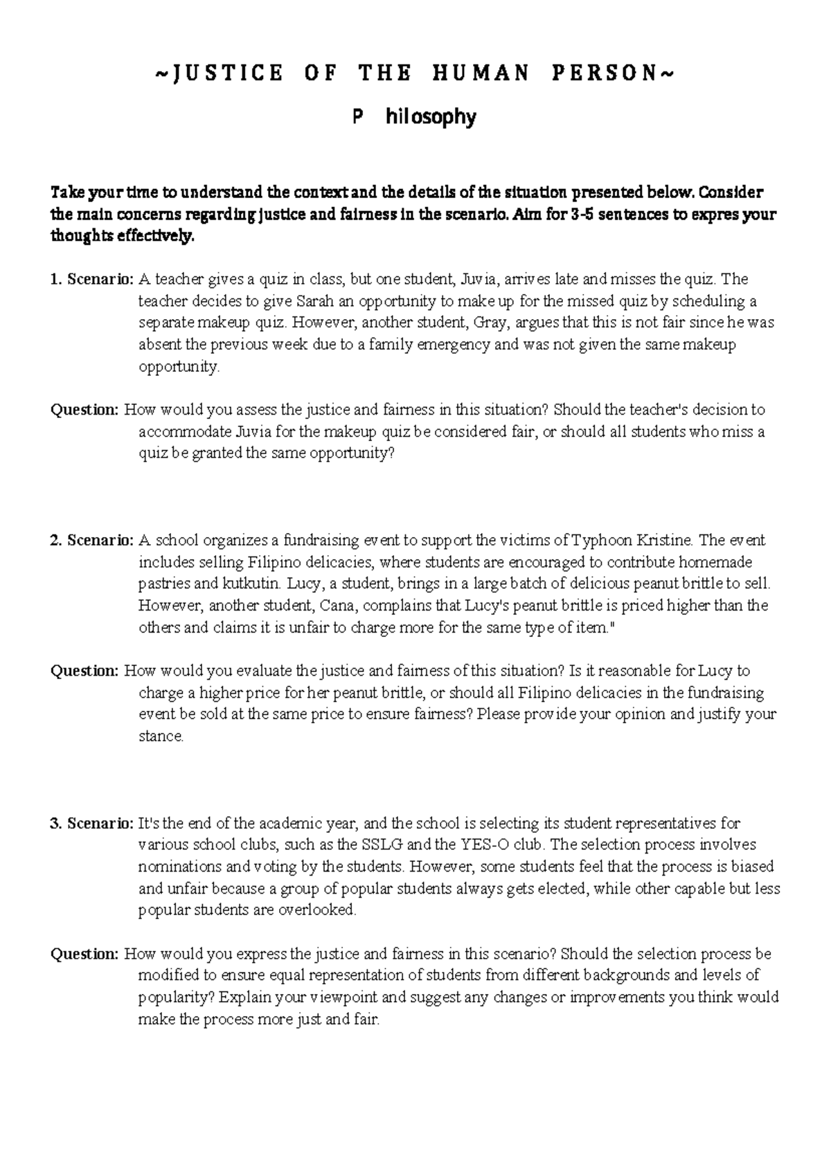 Philosophy Reflection on Justice and Fairness in Various Scenarios ...