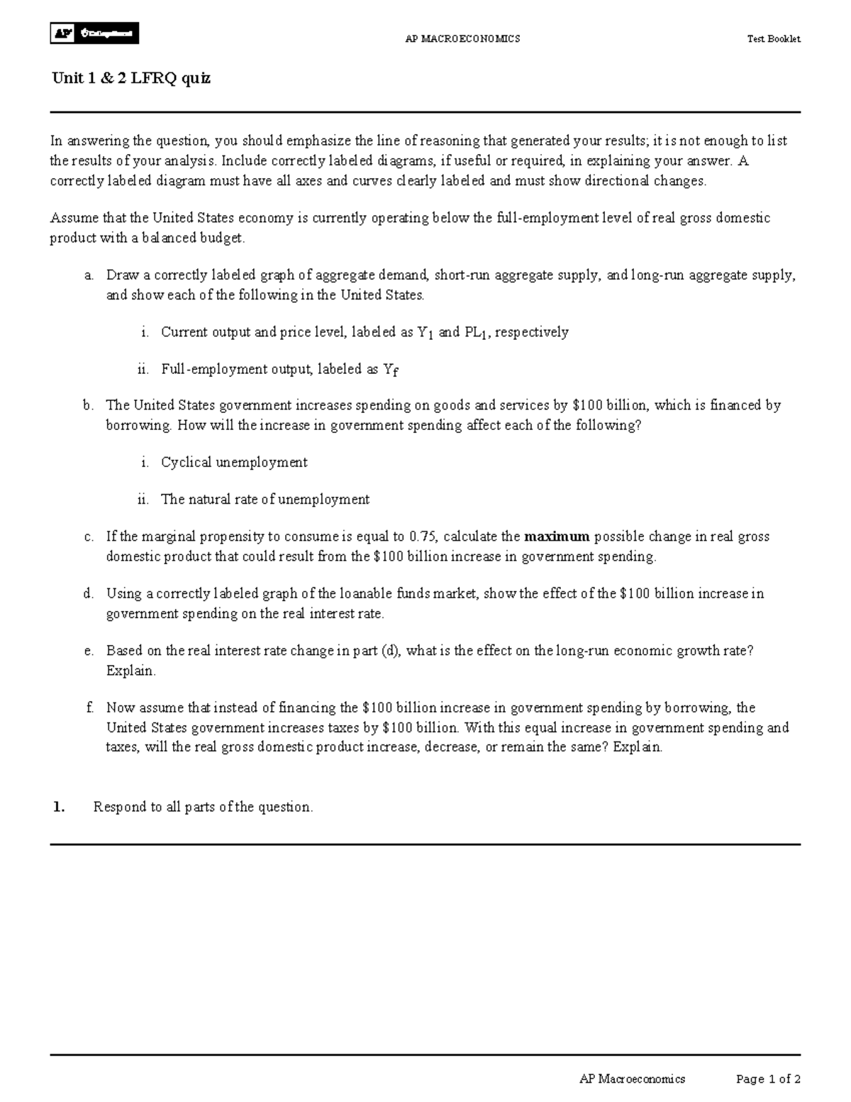 AP MACROECONOMICS Unit 1 & 2 Long FRQ Review Quiz Guide - Studocu