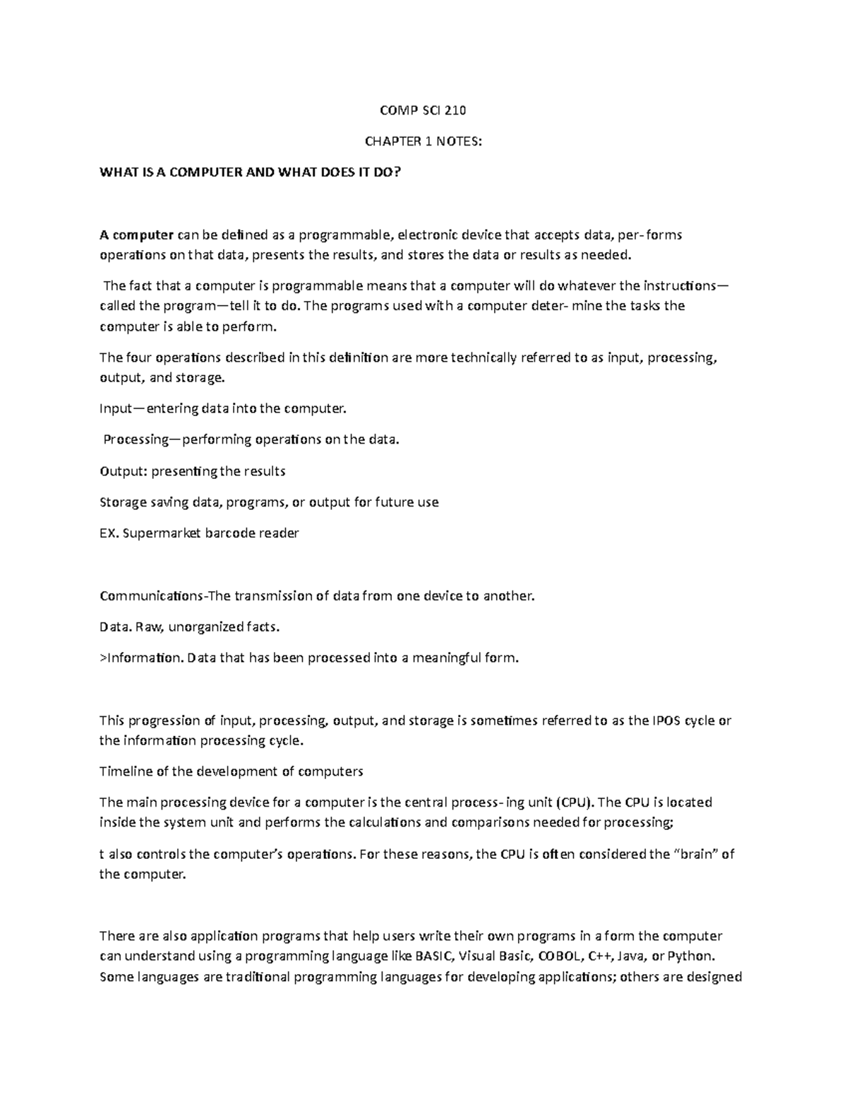 COMP SCI 210 Notes - COMP SCI 210 CHAPTER 1 NOTES: WHAT IS A COMPUTER ...