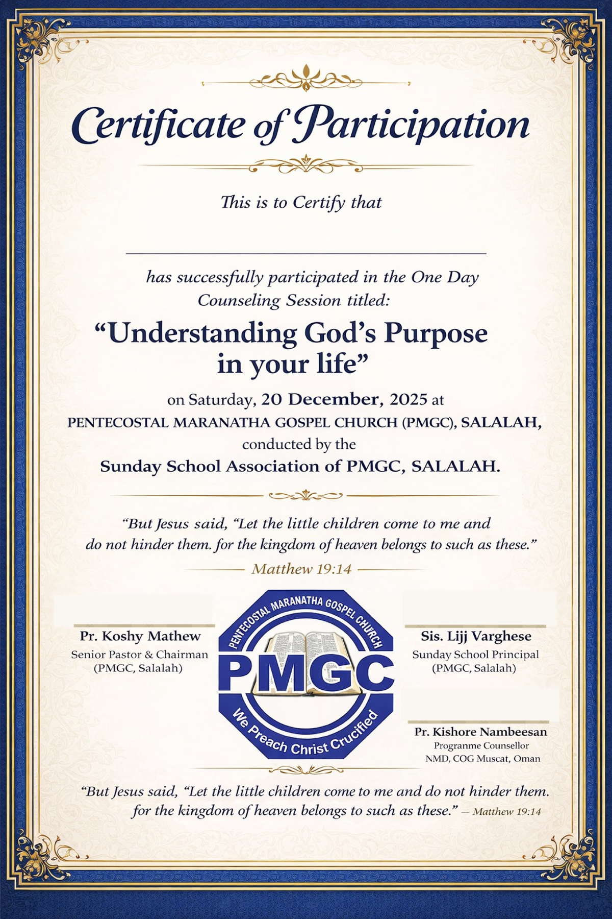 Certificate of Participation: PMGC Sunday School Counseling Session ...
