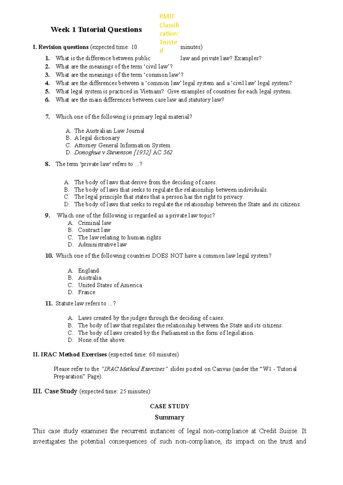 LAW101 Week 1 Tutorial Questions and Case Study Analysis - Studocu