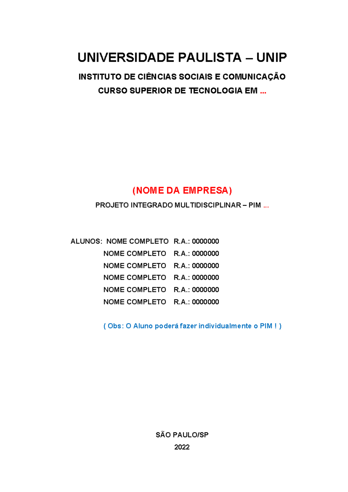 Modelo Completo de Projeto Integrado Multidisciplinar - PIM UNIP - Studocu
