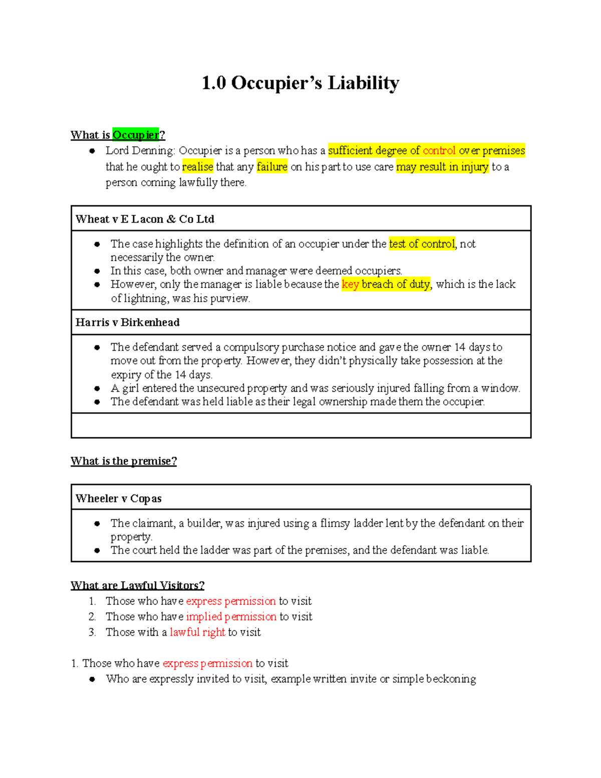 TORT 2 - Occupier Liability Notes: Control, Premises, and Cases - Studocu