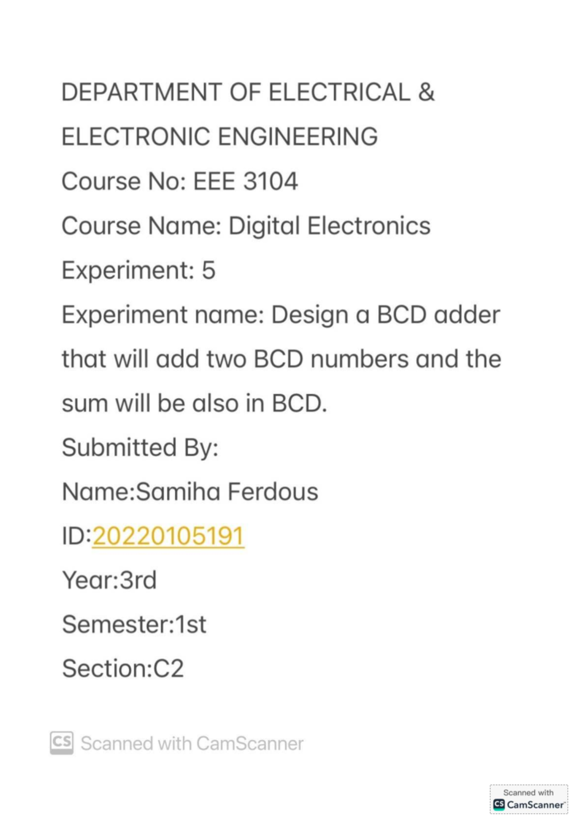 EEE 3104 Digital Electronics Lab Report: BCD Adder Design Experiment 5 ...
