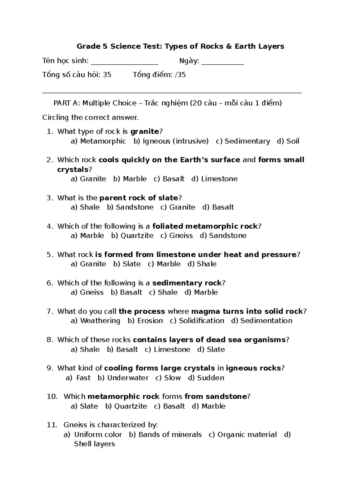 Grade 5 Science Test: Types of Rocks Answer Key - Studocu