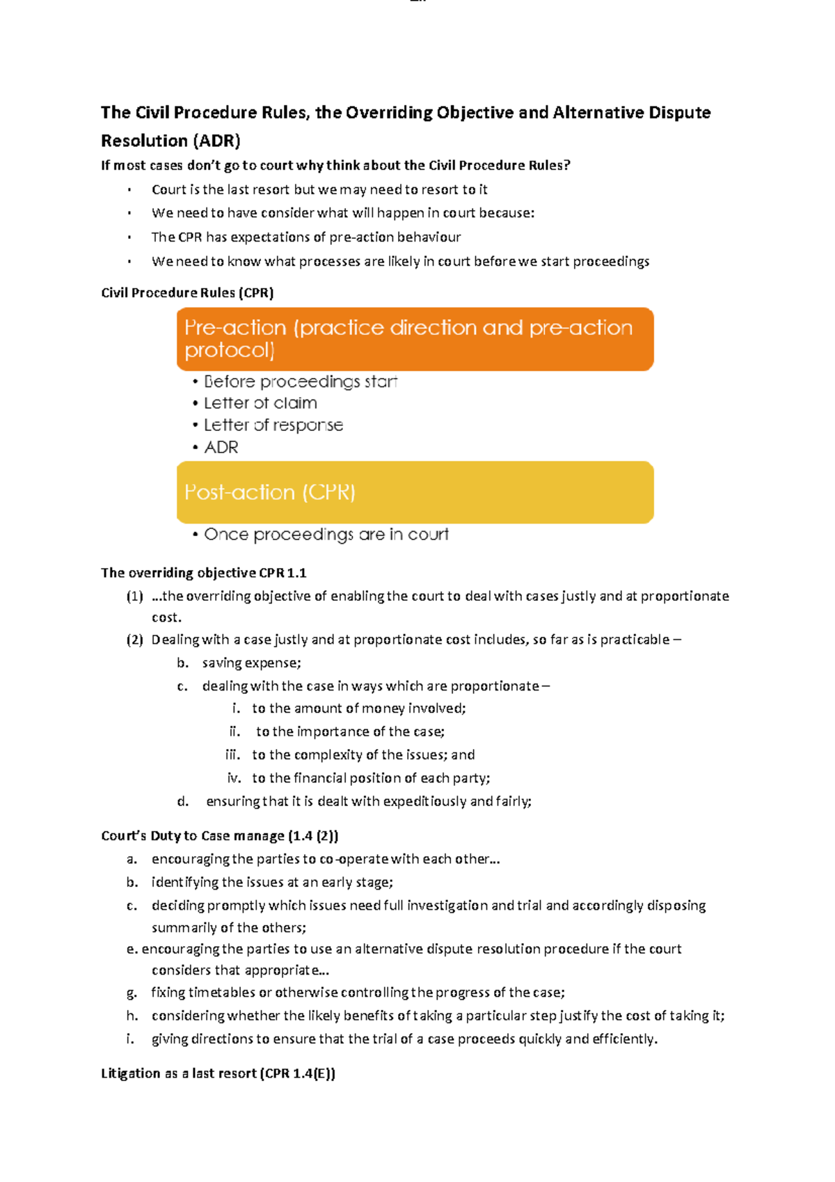 CPR 2023: Civil Procedure Rules, Overriding Objective & ADR Notes - Studocu