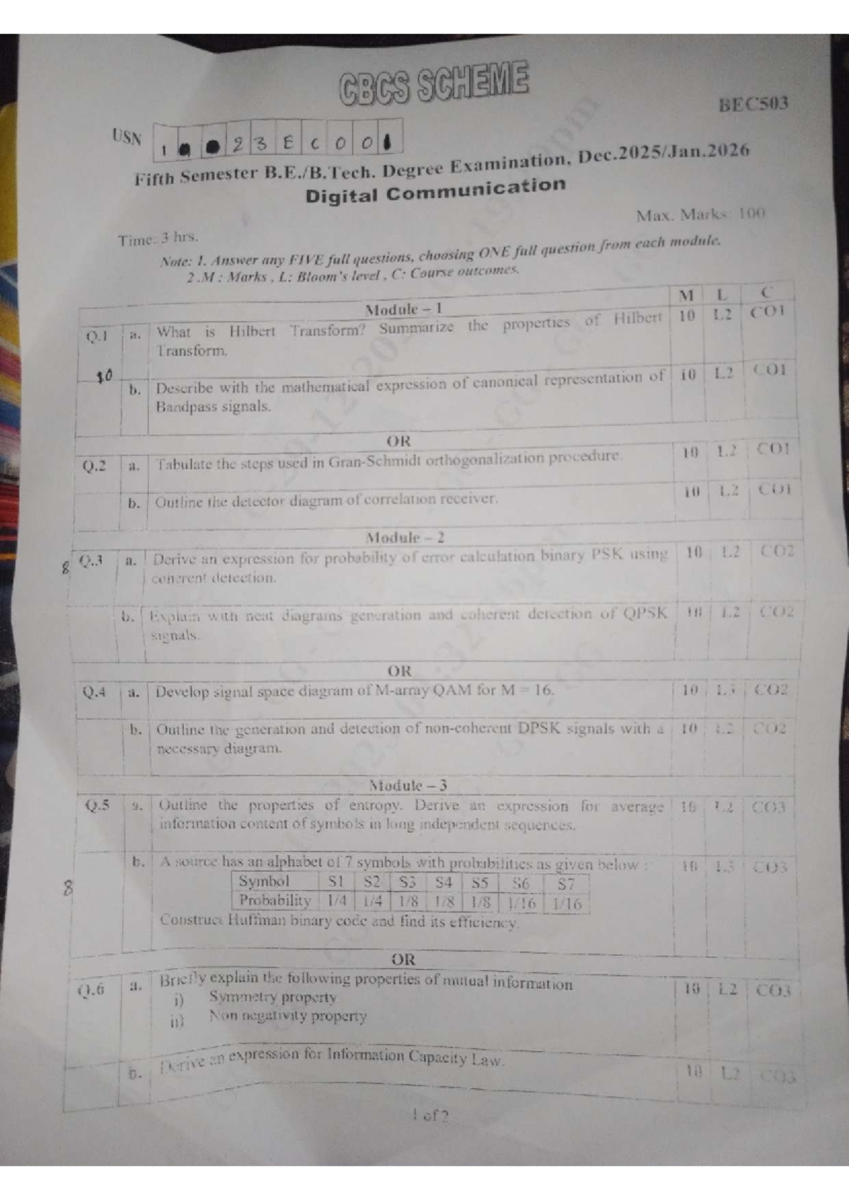 BEC503 USN 5th Sem Digital Communication Exam Question Paper - Studocu