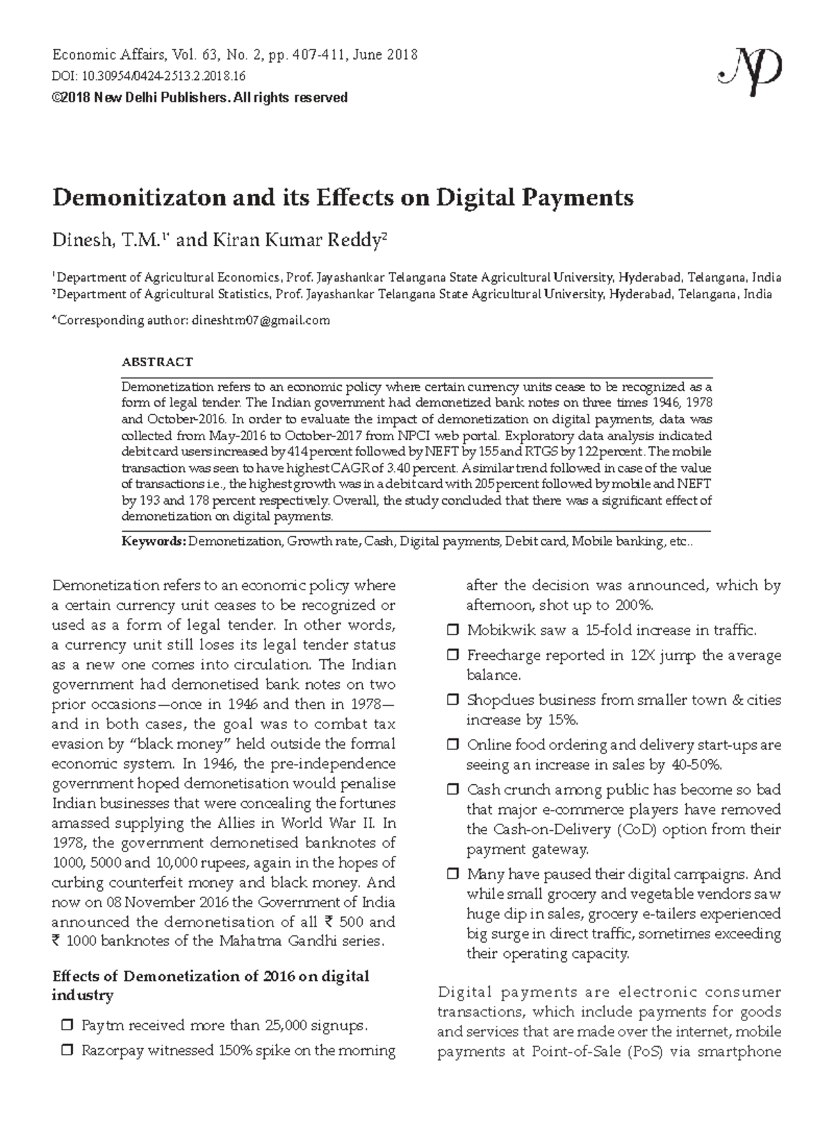 Demonetization and Its Impact on Digital Payments in India - Studocu