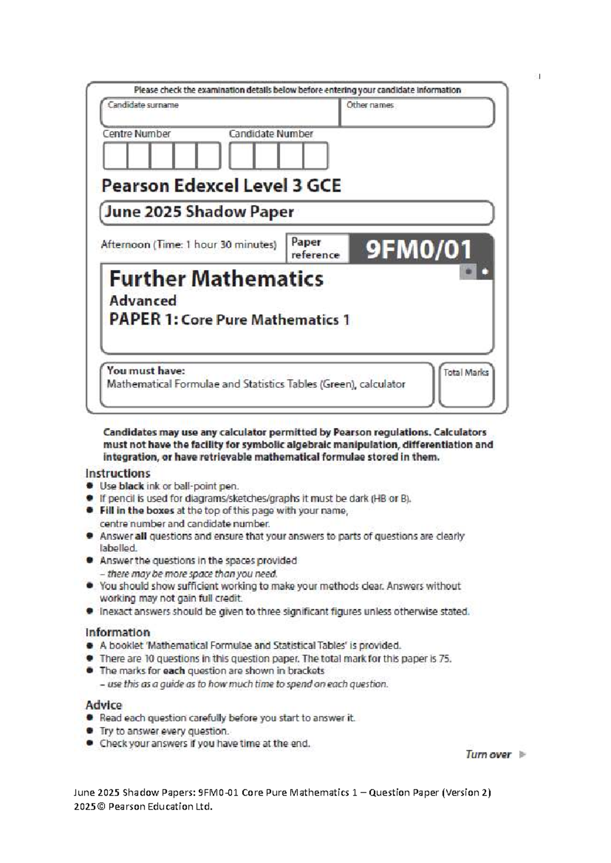 CP1 June 2025 Shadow Papers: Core Pure Mathematics 1 Question Paper ...
