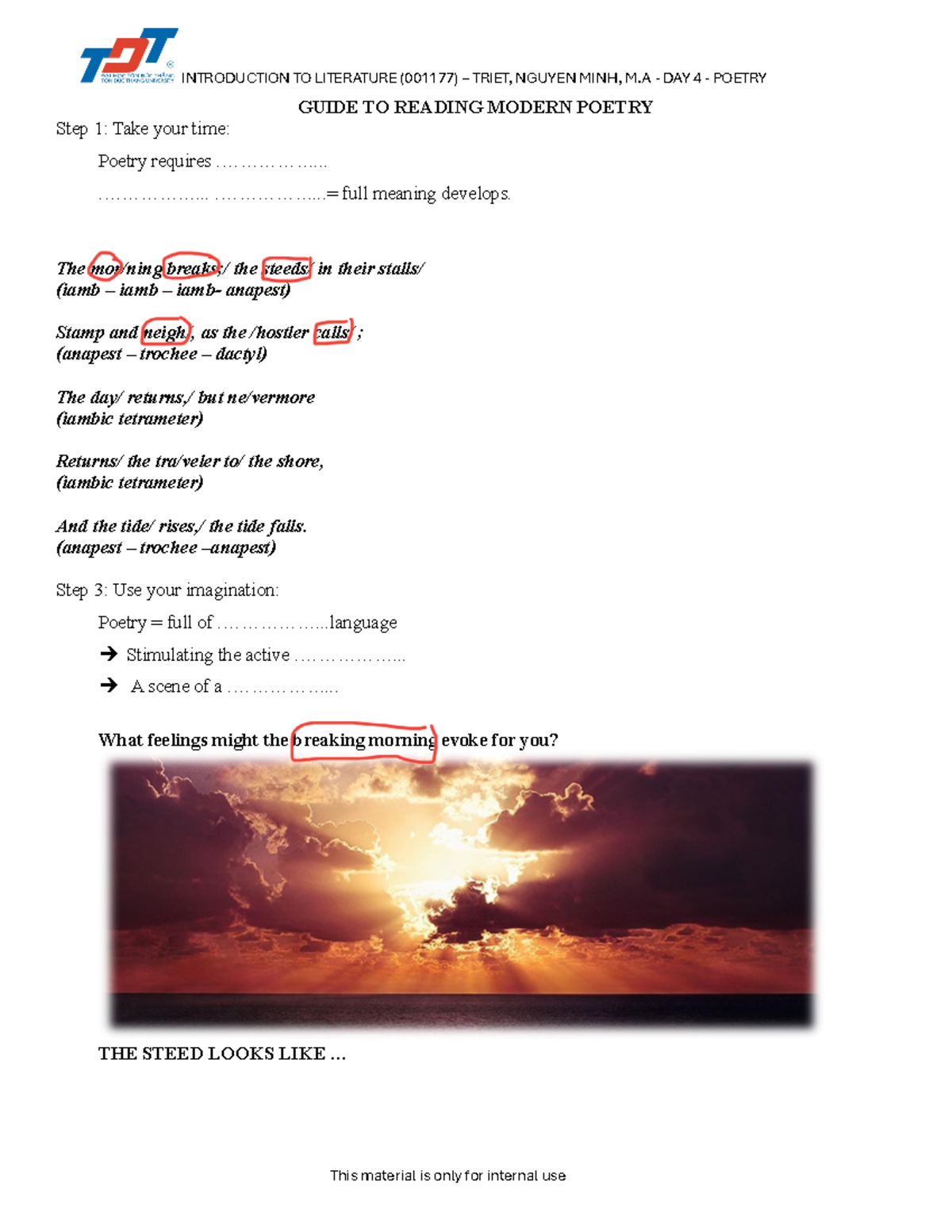 DAY 4 Handout Poetry - Modern Poetry Reading Guide and Analysis - Studocu