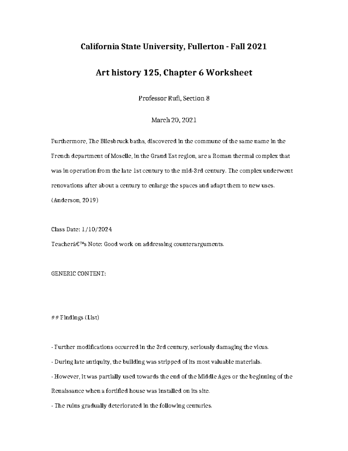 ART History 125 Chapter 6 Worksheet - California State University ...