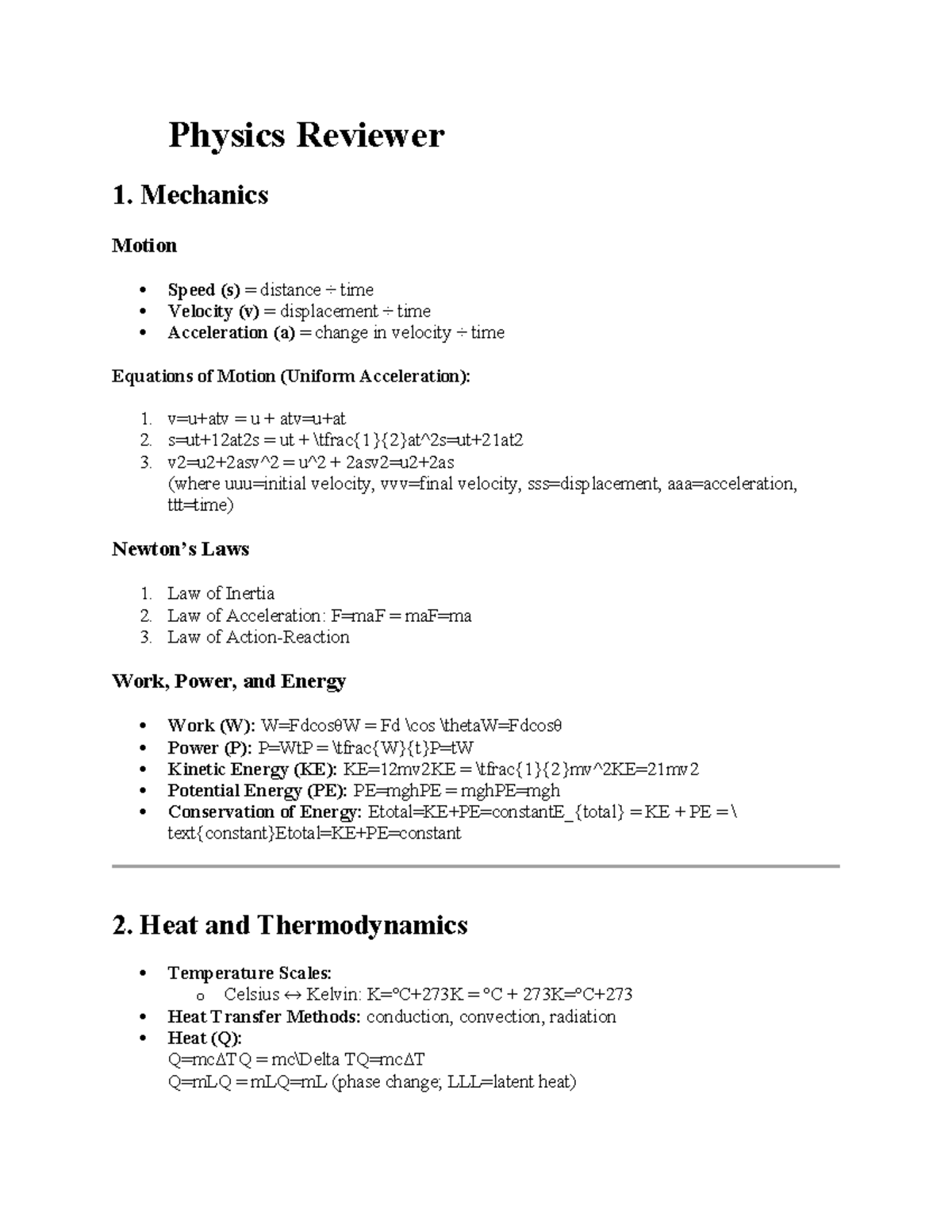 Physics Reviewer 1: Mechanics, Thermodynamics, Waves & Optics - Studocu