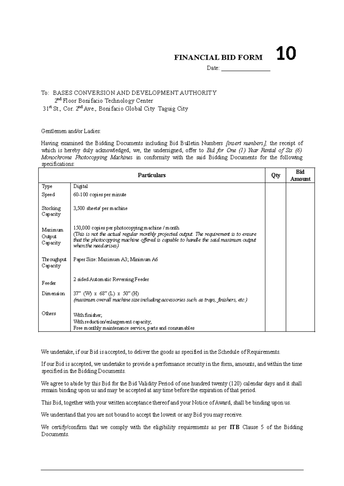 Financial bid form for rental of photocopying machines - Studocu