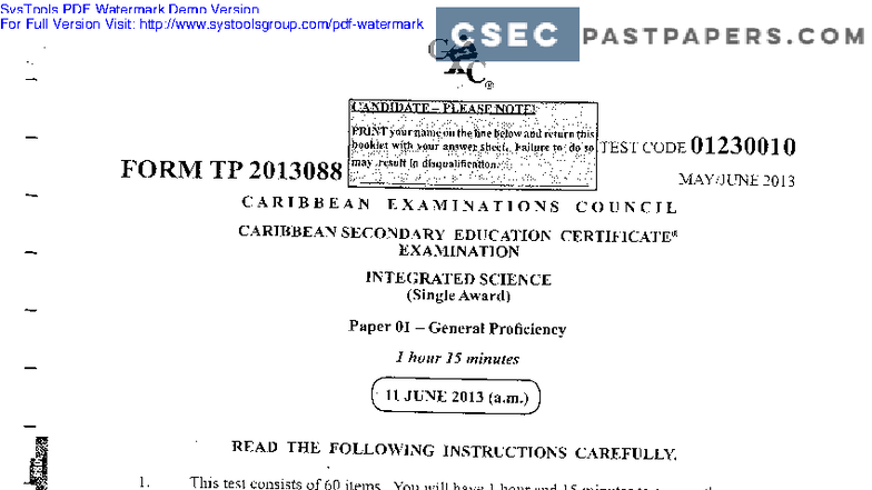 Integrated Science CSEC Exam Paper 01 - June 2013 (Test Code O123OO1O ...