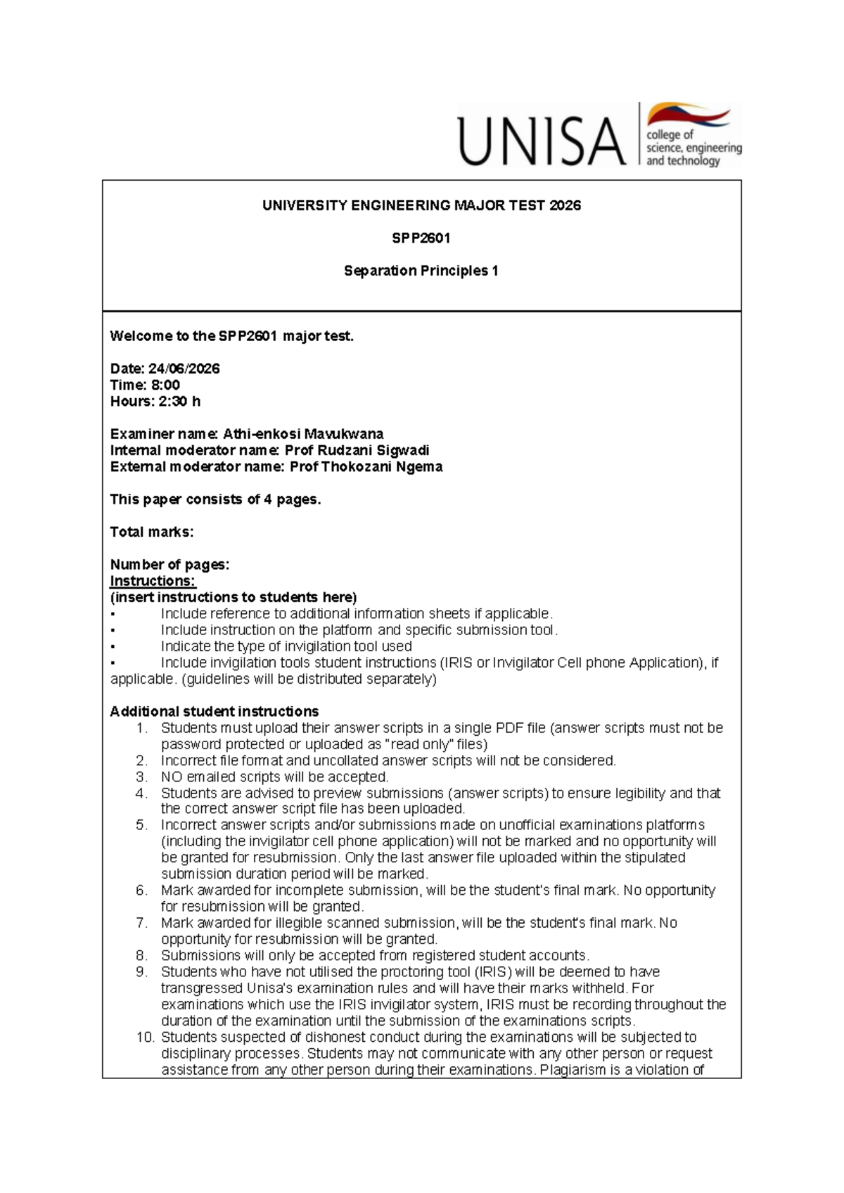 SPP2601 Major Test 2026: Separation Principles 1 Guidelines and ...