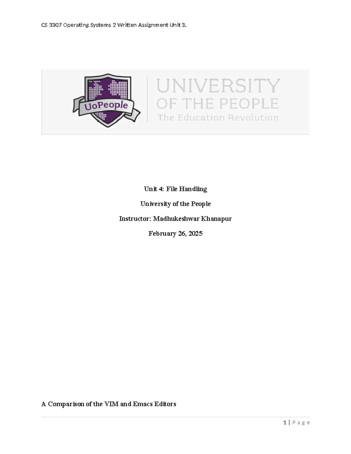 CS 3307 Written Assignment Unit 4 - Unit 4: File Handling University of ...