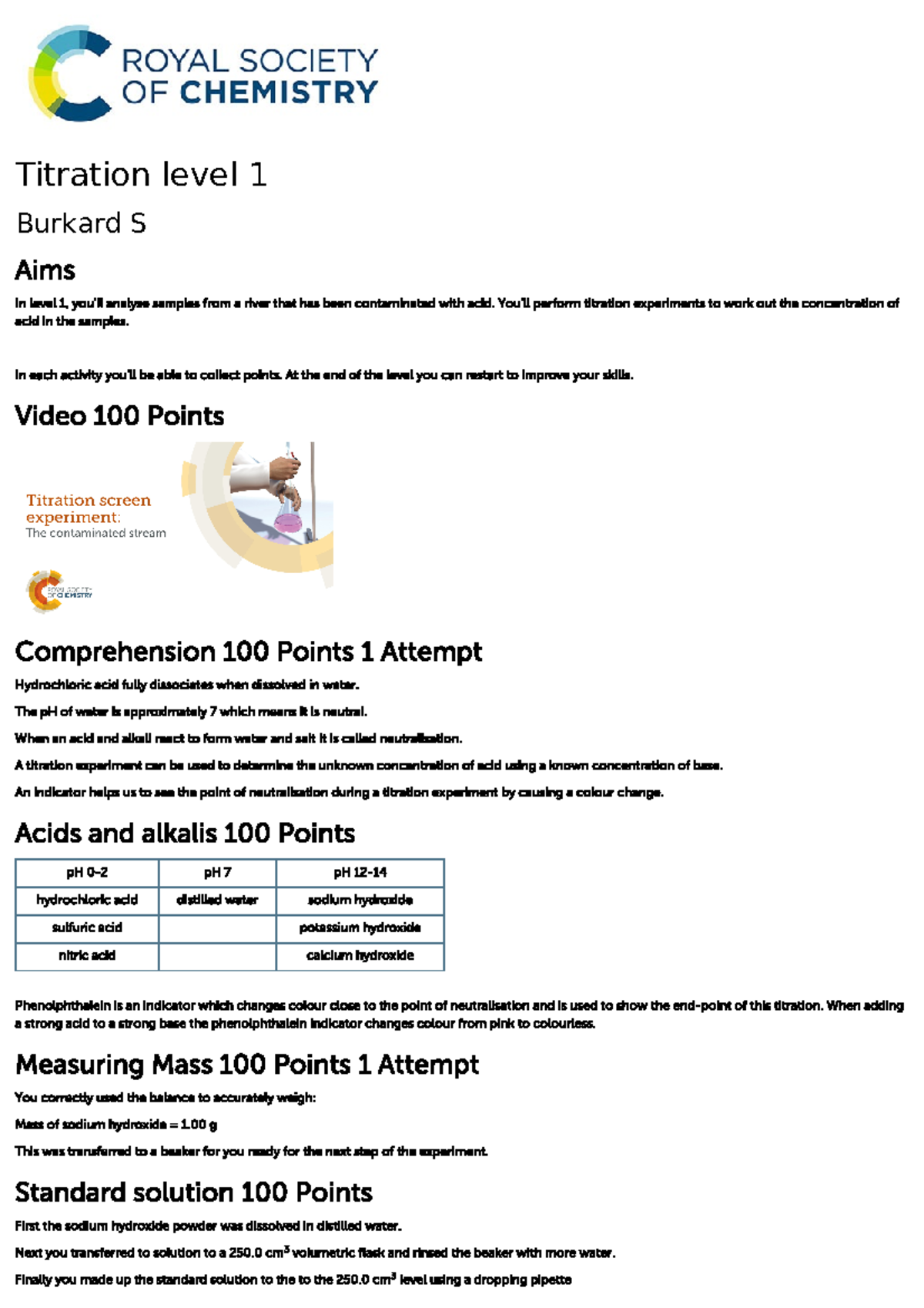 Titration Level 1 Lab Notebook - Acid Contamination Analysis - Studocu