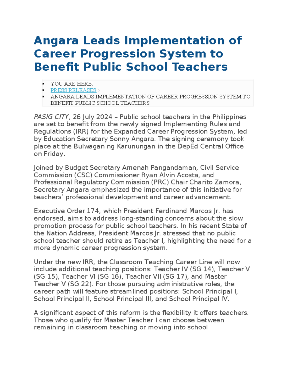Angara's Career Progression System for Public School Teachers: Press ...