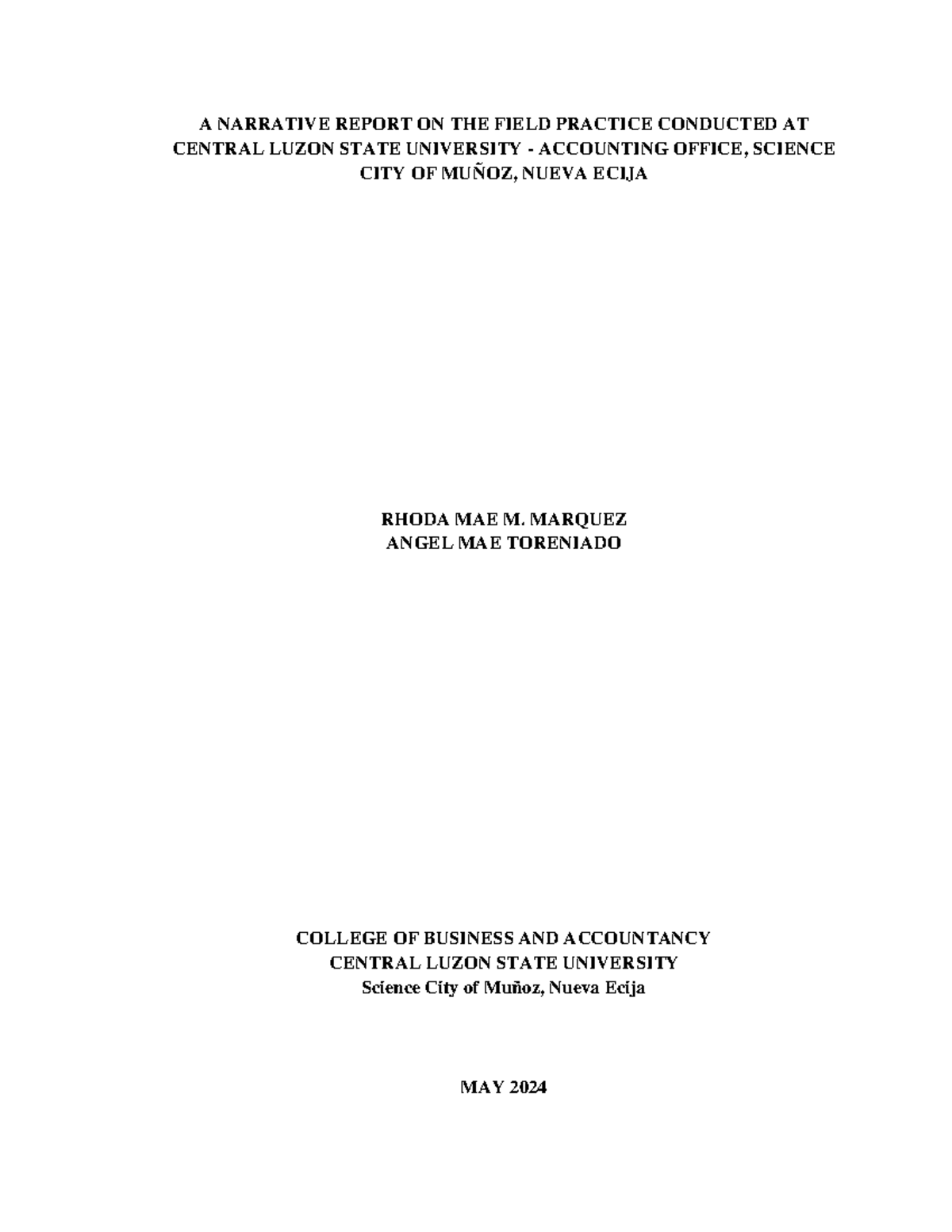 Final Narrative Report on Field Practice (ACCT 101) by Marquez ...