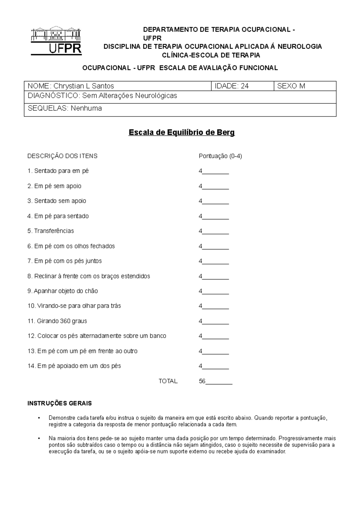 Escala de Equilíbrio de Berg - Terapia Ocupacional UFPR - Studocu
