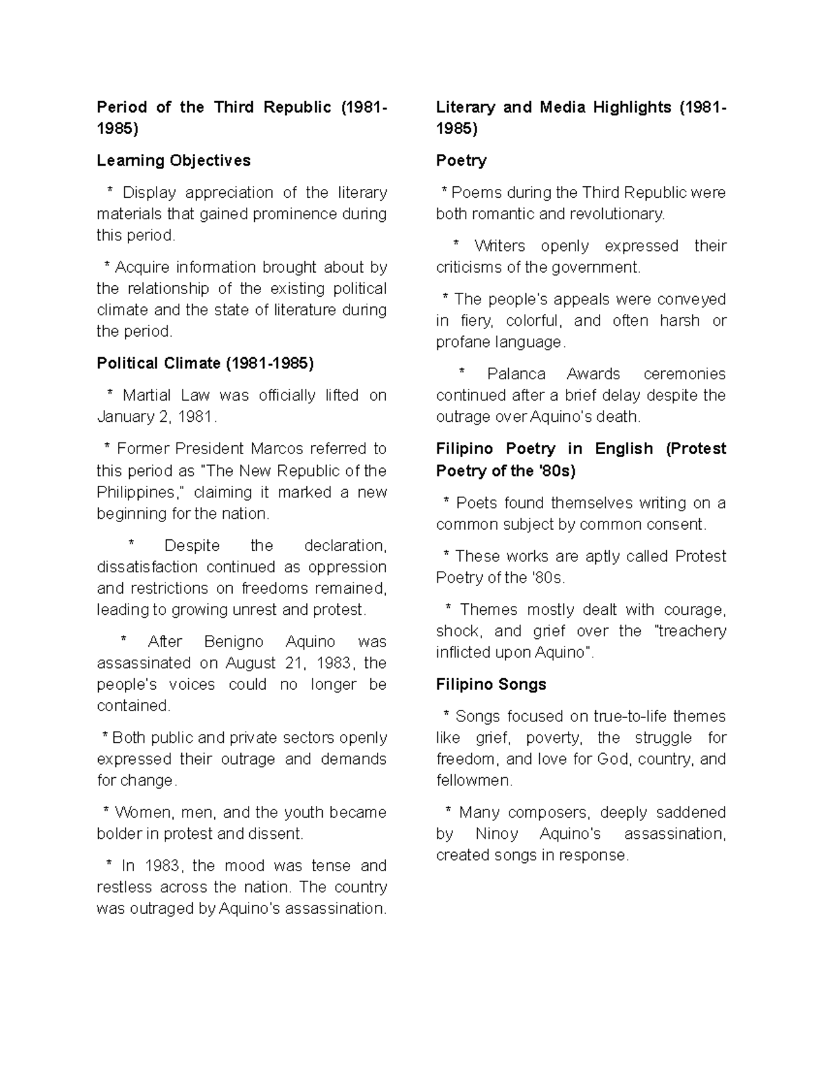 Lit 3rd Republic (1981-1985): Literary & Media Highlights - Studocu