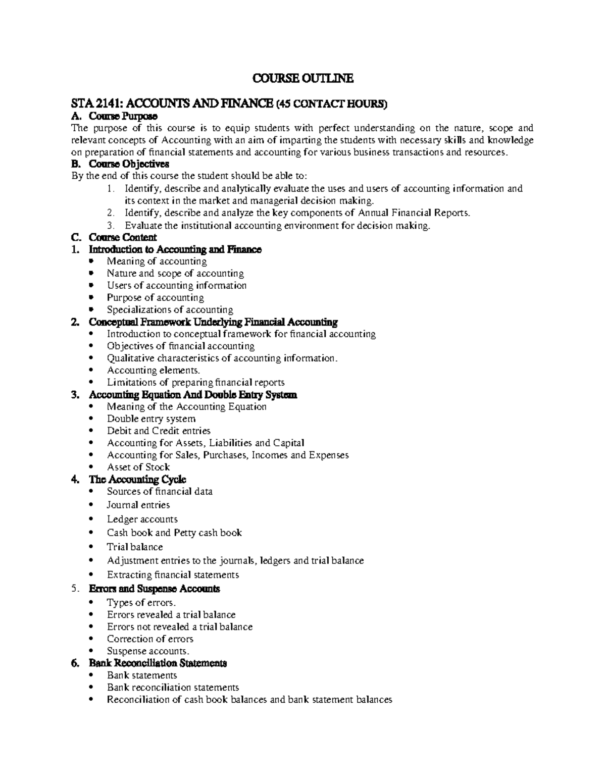 Course Outline STA 2141: Accounts and Finance Overview and Objectives ...