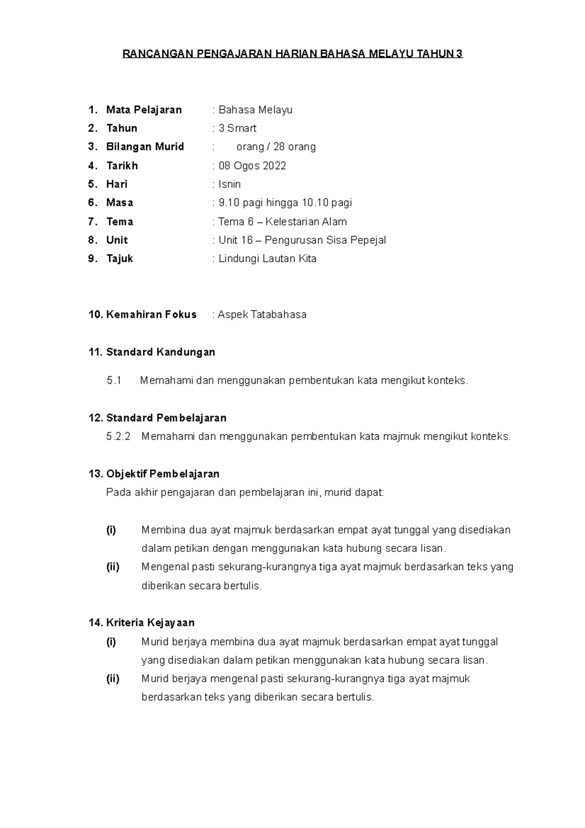 RPH - Rancangan Pengajaran Harian Bahasa Melayu Tahun 3 - Studocu