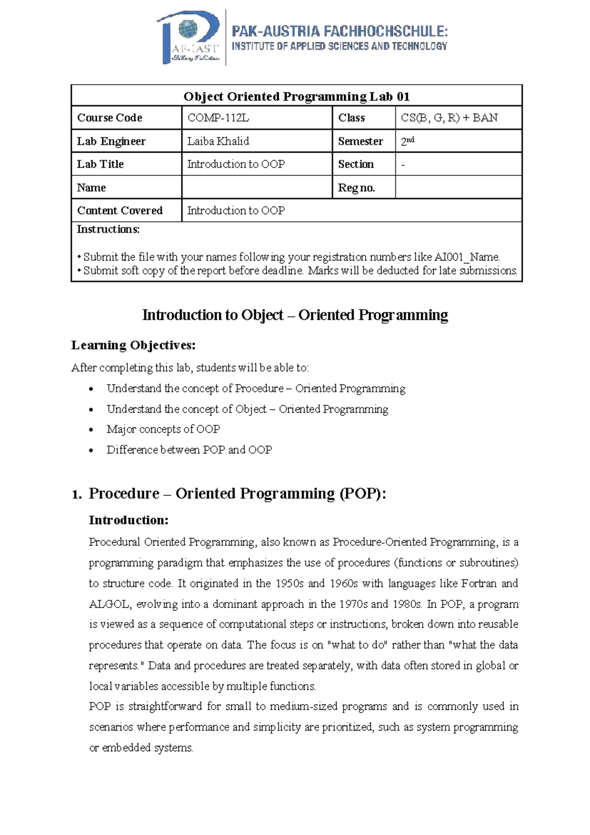 CS(B, G, R) Lab 01: Introduction to Object Oriented Programming - Studocu