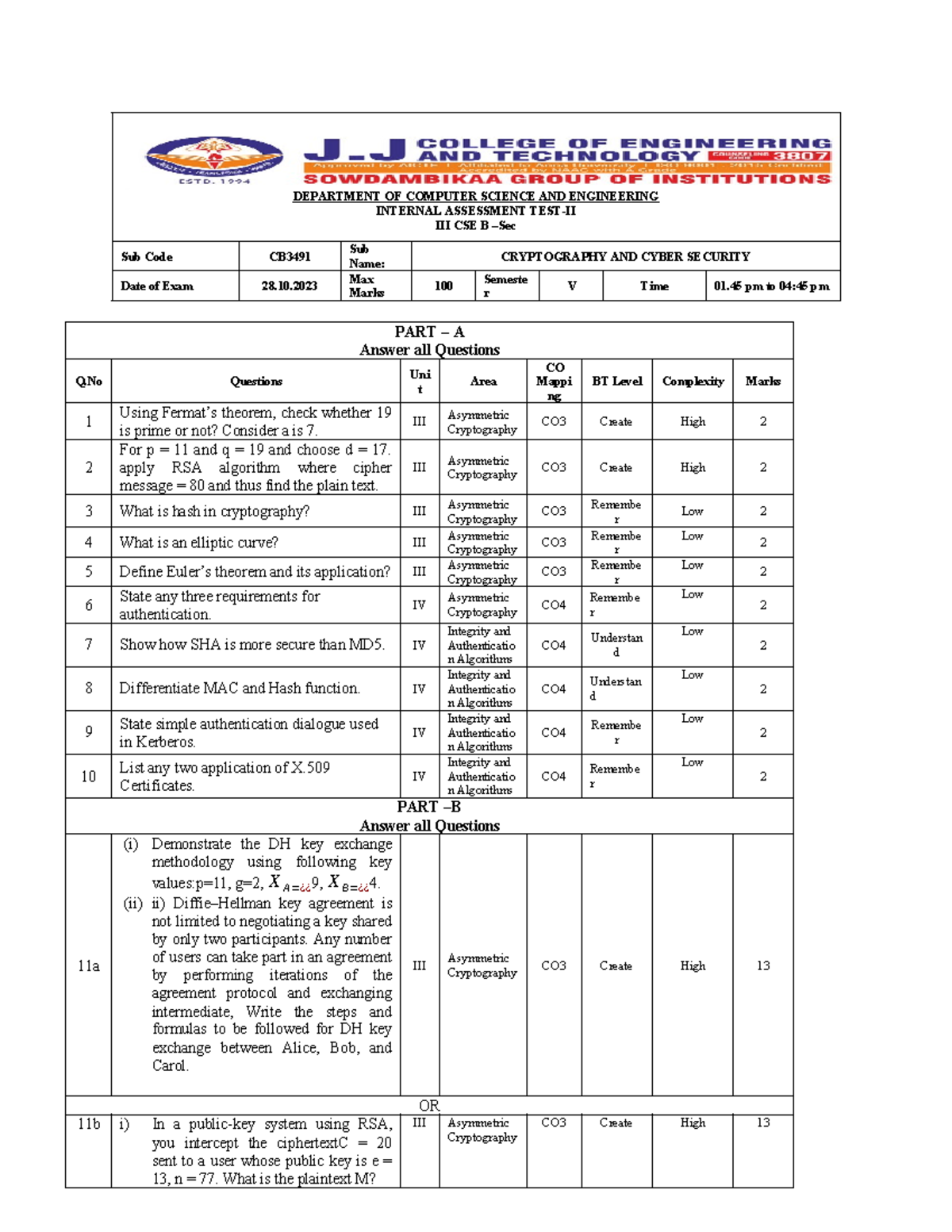 CCS IAT2 28 - QUESTION PAPER - DEPARTMENT OF COMPUTER SCIENCE AND ENGINEERING INTERNAL ...