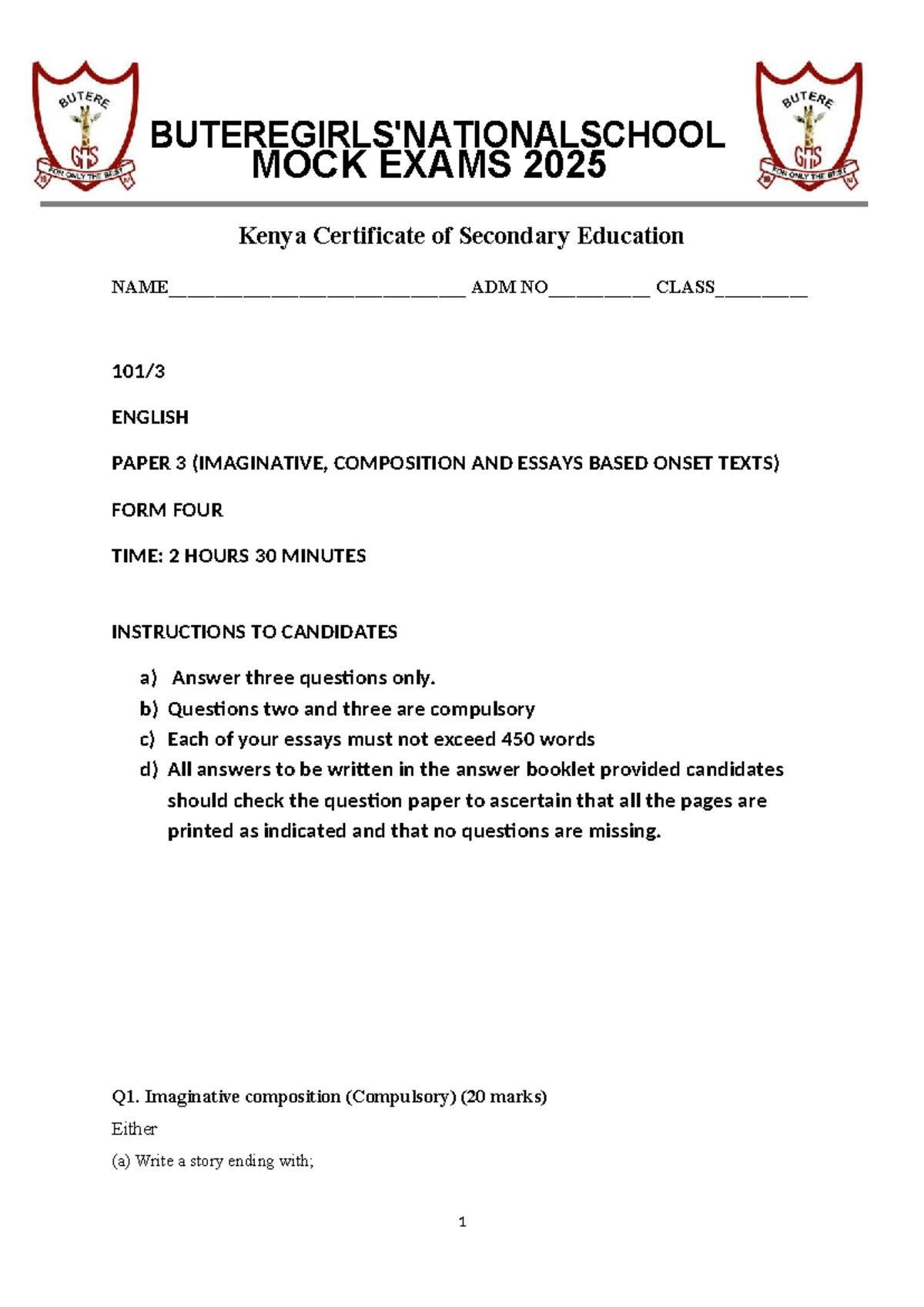 2025 ADM English Paper 3 Mock Exam: Imaginative Composition - Studocu