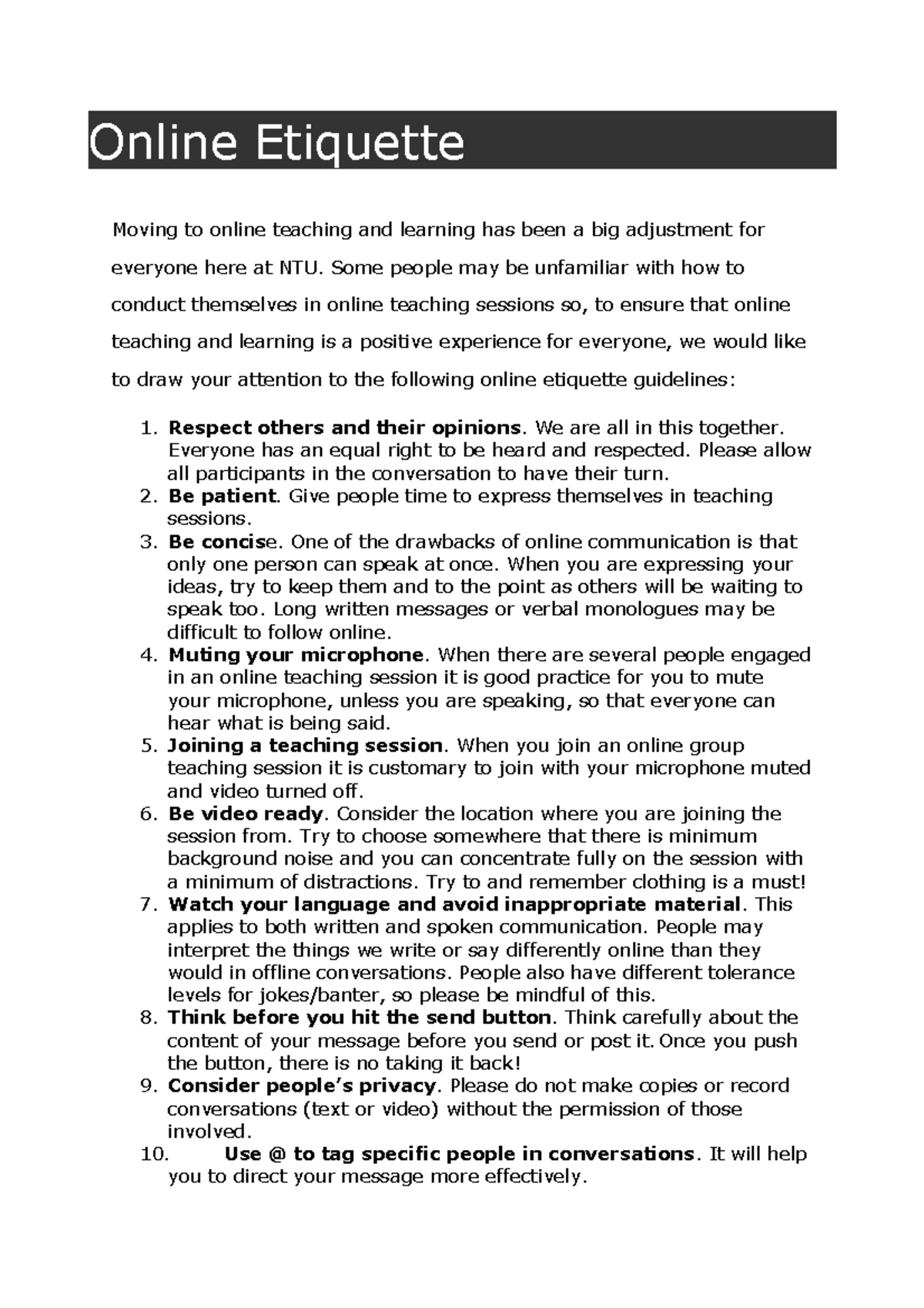Online Etiquette - lectures notes - Online Etiquette Moving to online ...