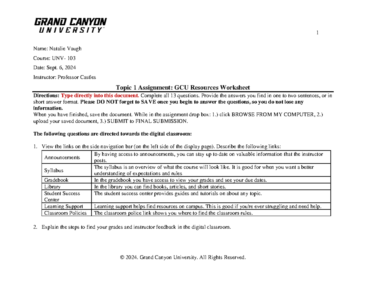 UNV-103-T1 Final Exam: GCU Resources Worksheet Analysis - Studocu